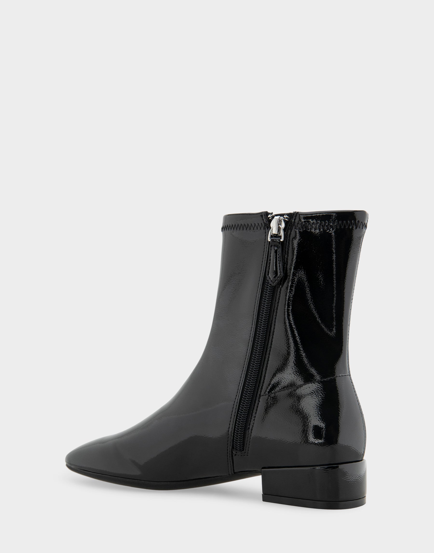 Women's Low Block Heel Bootie in Black Stretch Crinkle Patent – Aerosoles