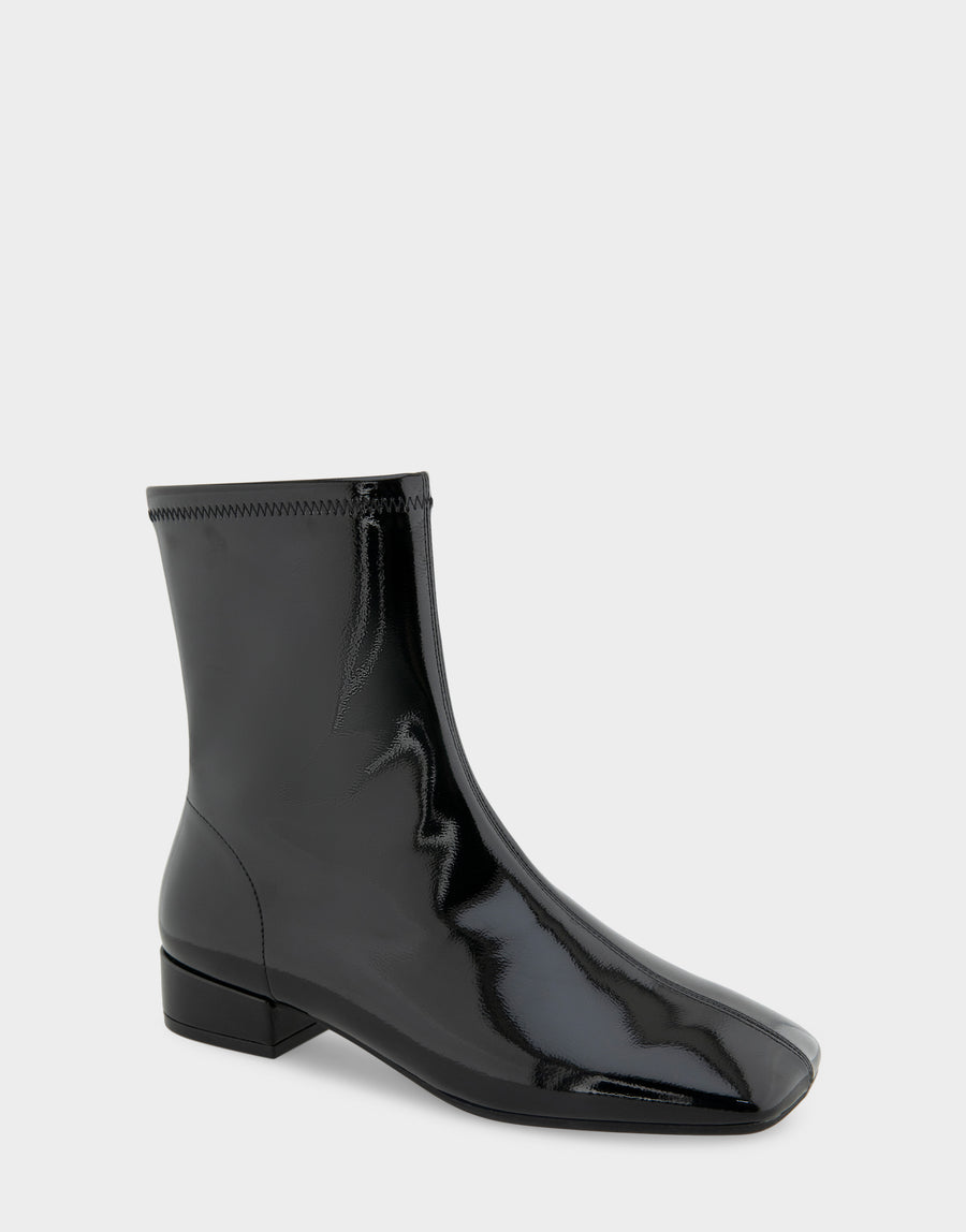 Women's Low Block Heel Bootie in Black Stretch Crinkle Patent – Aerosoles